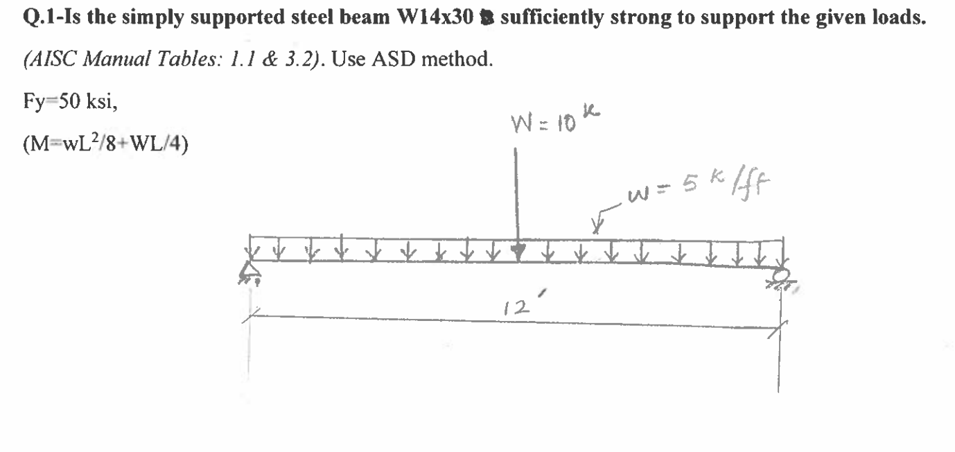 Solved Q.1-Is the simply supported steel beam W14x30 B | Chegg.com