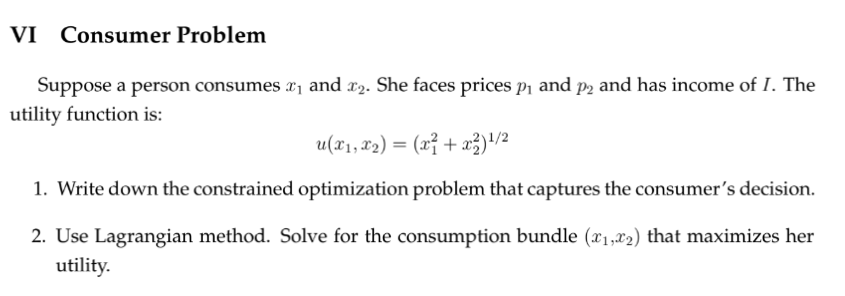Solved VI Consumer Problem Suppose a person consumes x1 and | Chegg.com