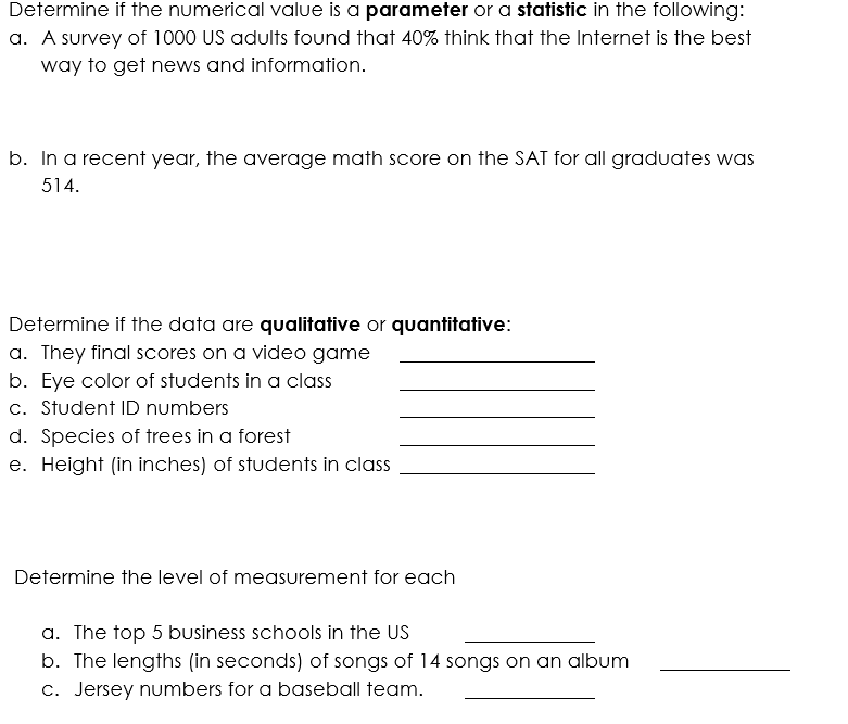 Solved Determine if the numerical value is a parameter or a | Chegg.com