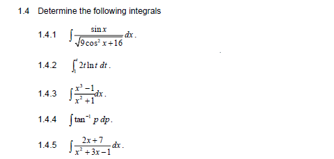 Solved 1.4 Determine the following integrals 1.4.1 \\( \\int | Chegg.com