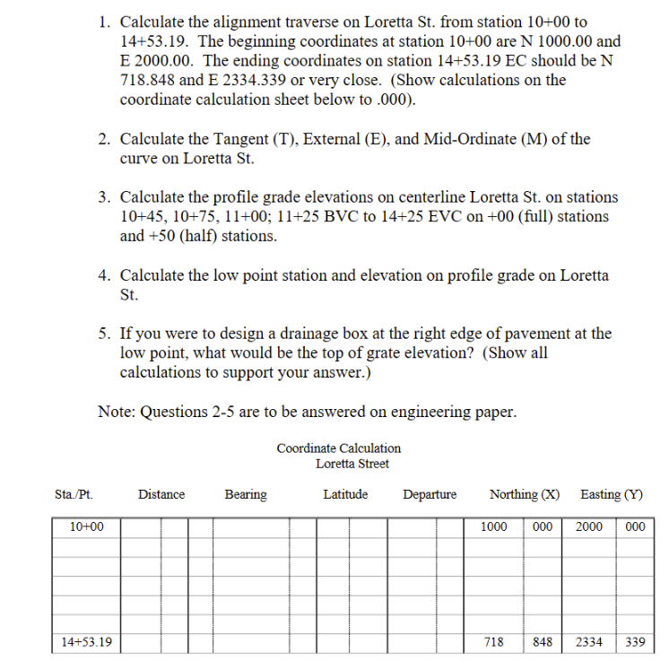 Solved 1. Calculate the alignment traverse on Loretta St. | Chegg.com