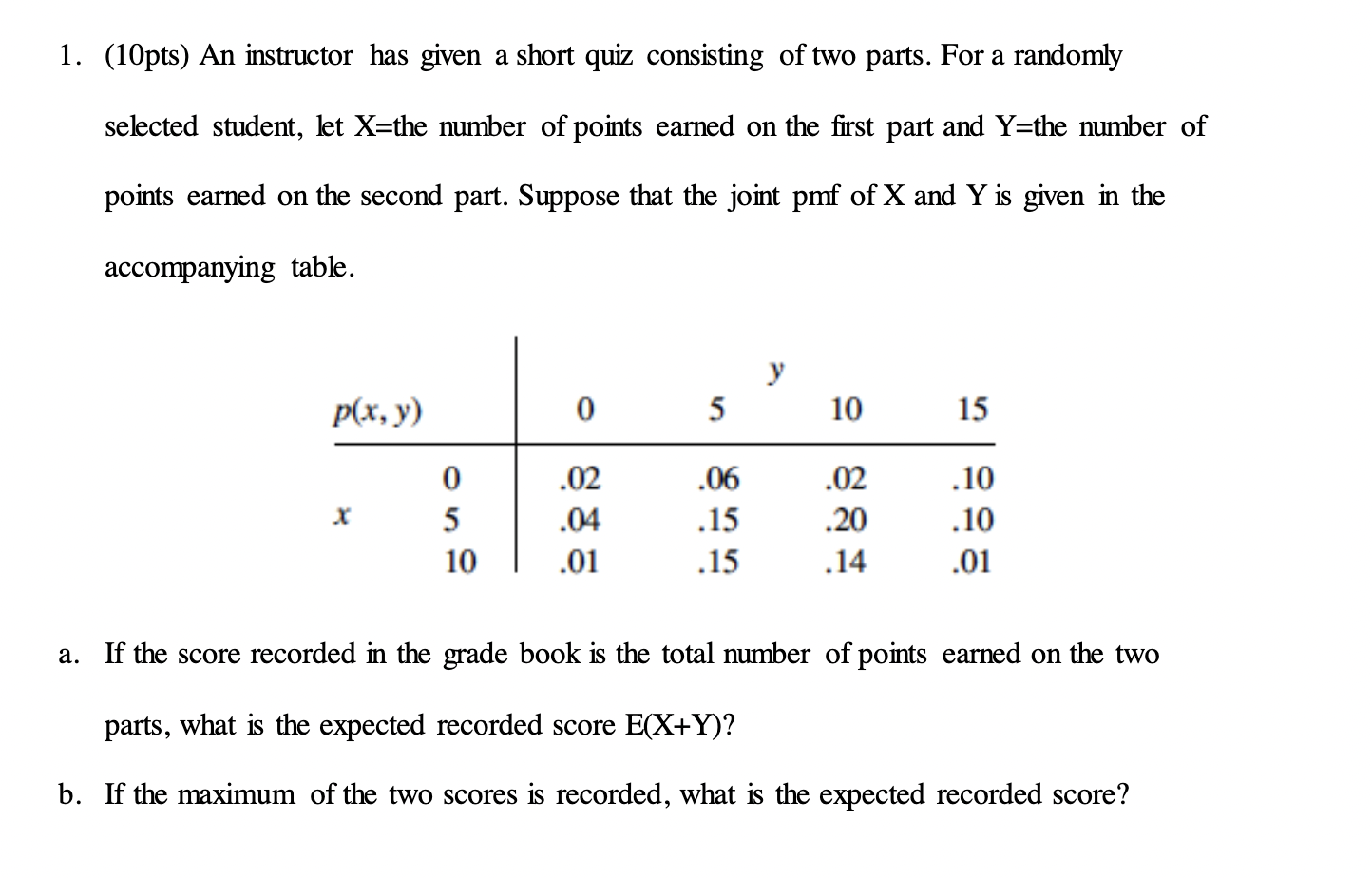 Solved 1. (10pts) An instructor has given a short quiz | Chegg.com