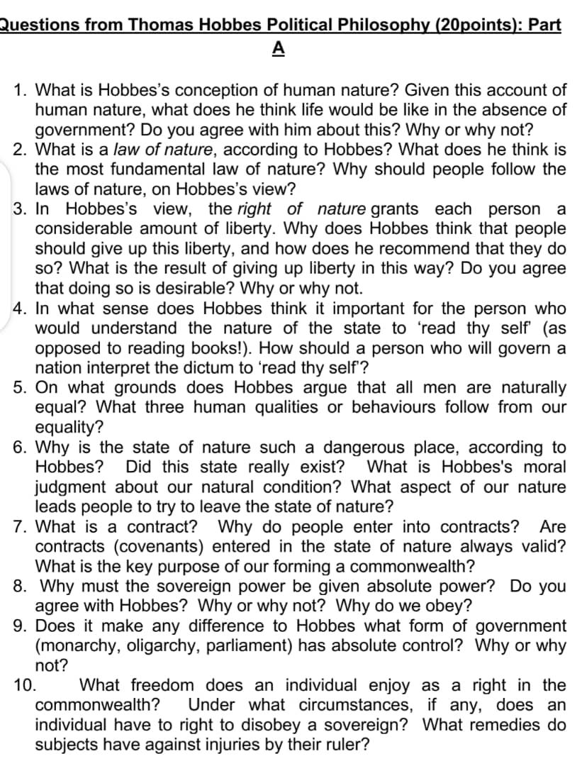 Questions from Thomas Hobbes Political Philosophy (20 | Chegg.com