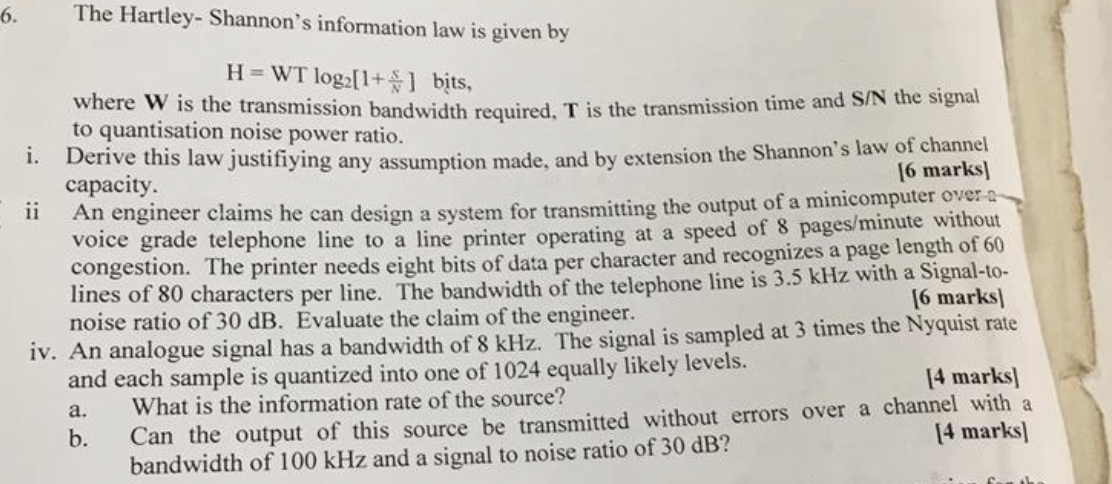 Solved The Hartley- Shannon's information law is given by H= | Chegg.com