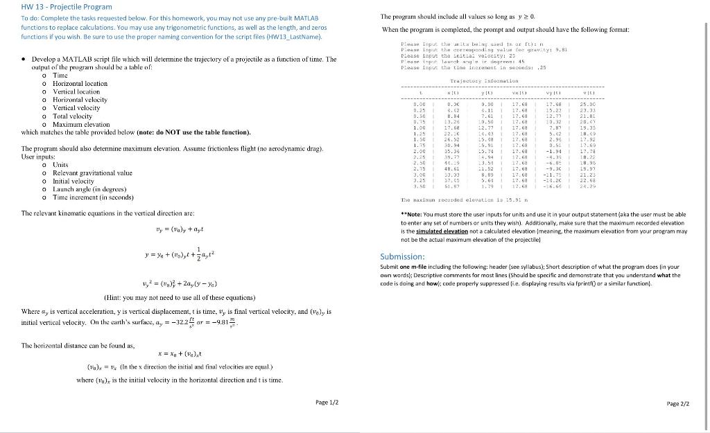 Solved HW 13 - Projectile Program To de: Complete the tasks | Chegg.com