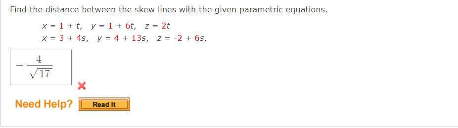 Solved Find The Distance Between The Skew Lines With The