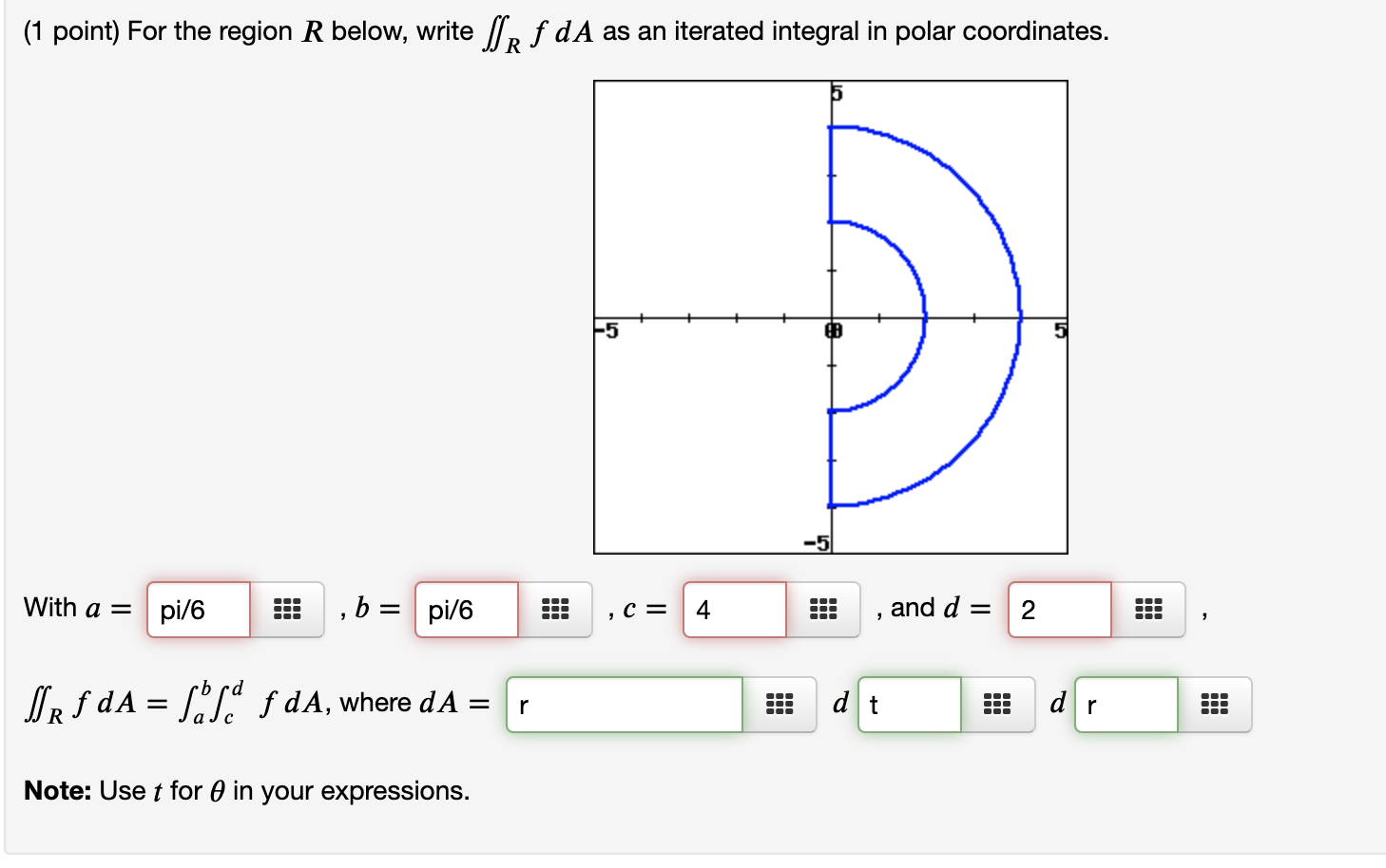 Solved (1 point) For the region R below, write , f dA as an | Chegg.com