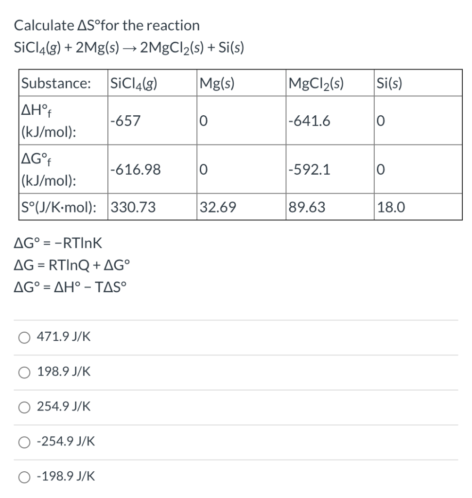 Solved Calculate AS for the reaction SiCl4(g) + 2Mg(s) → | Chegg.com