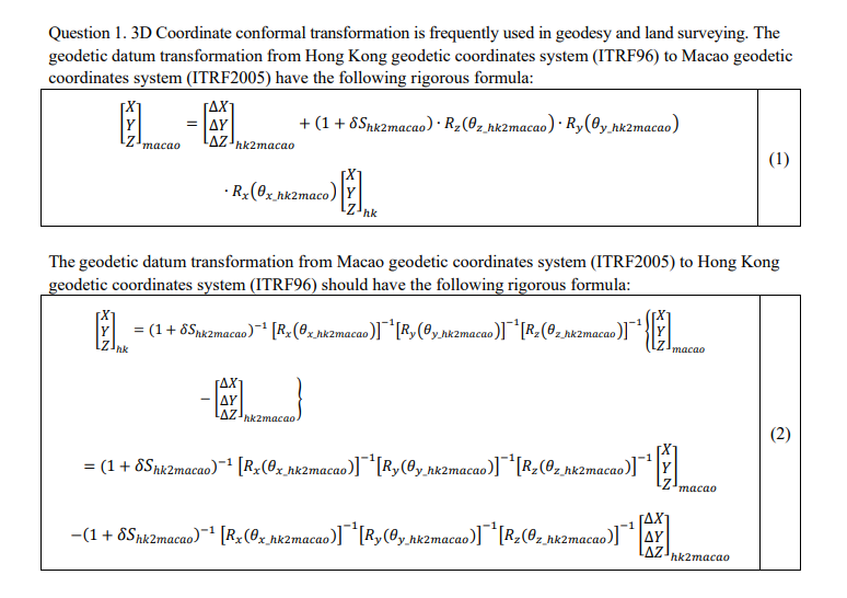 Question 1. 3D Coordinate conformal transformation is | Chegg.com