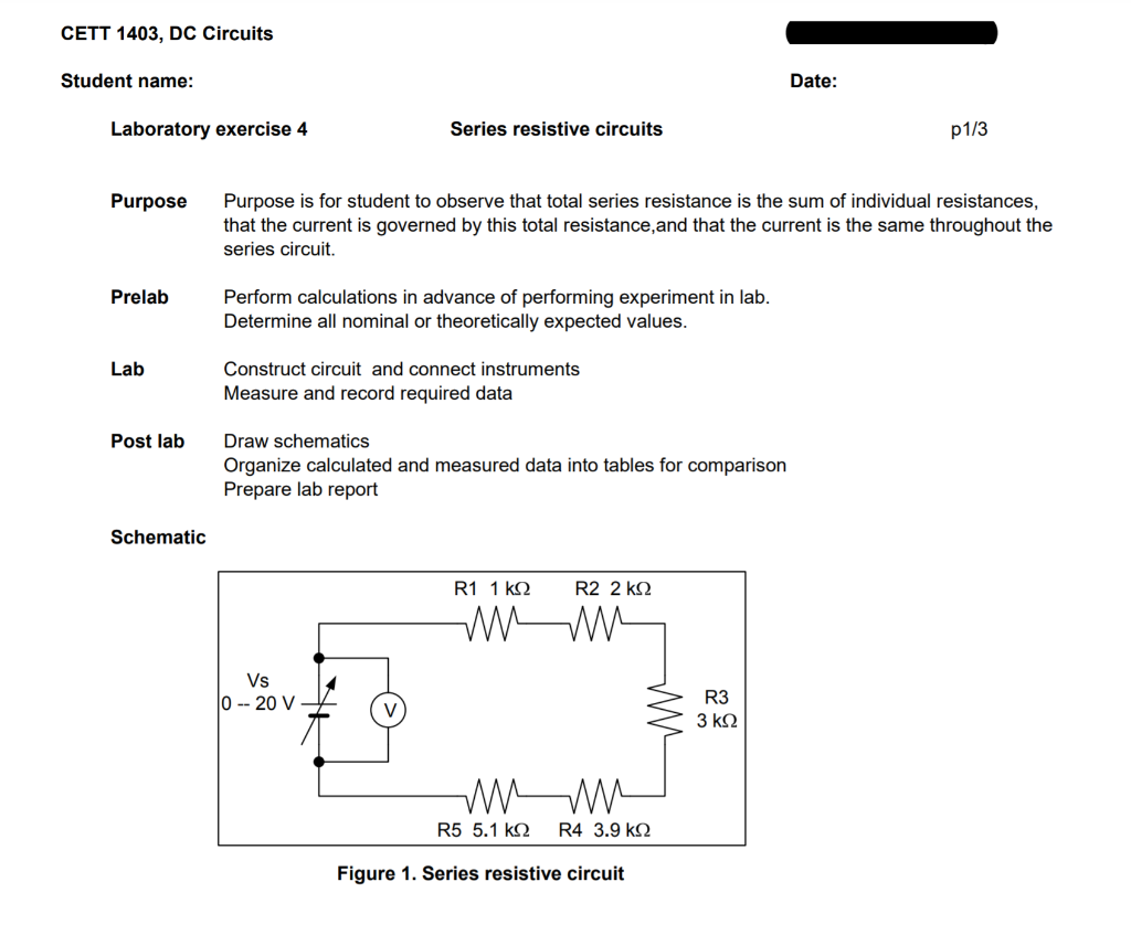 Solved CETT 1403, DC Circuits Student name: Date: Laboratory | Chegg.com