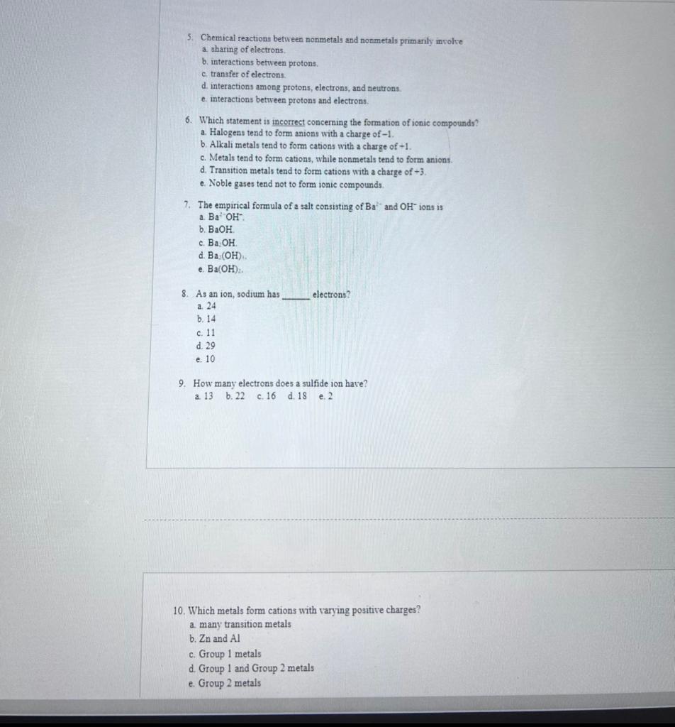 Solved 5. Chemical reactions between nonmetals and nonmetals | Chegg.com