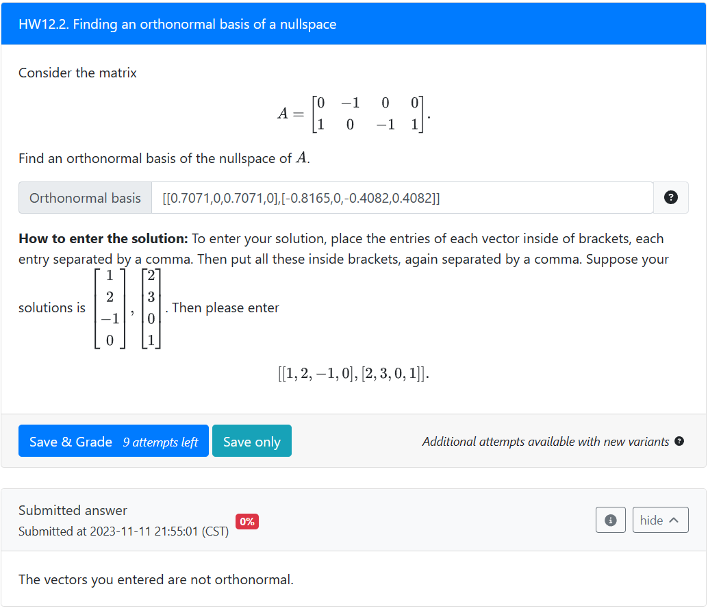 Solved HW12.2. Finding an orthonormal basis of a nullspace | Chegg.com