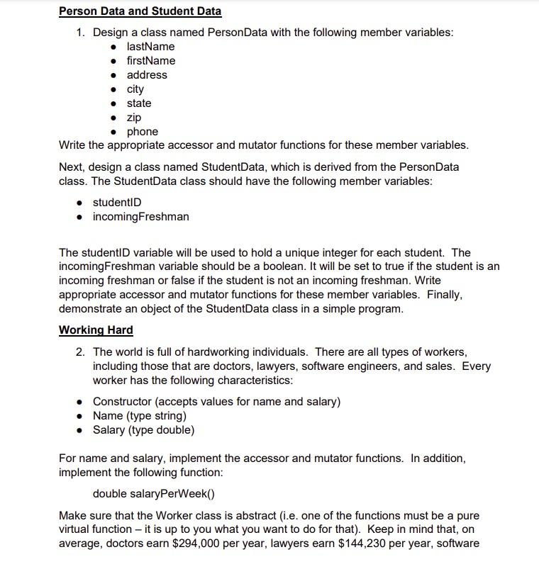 Solved Person Data and Student Data 1. Design a class named | Chegg.com