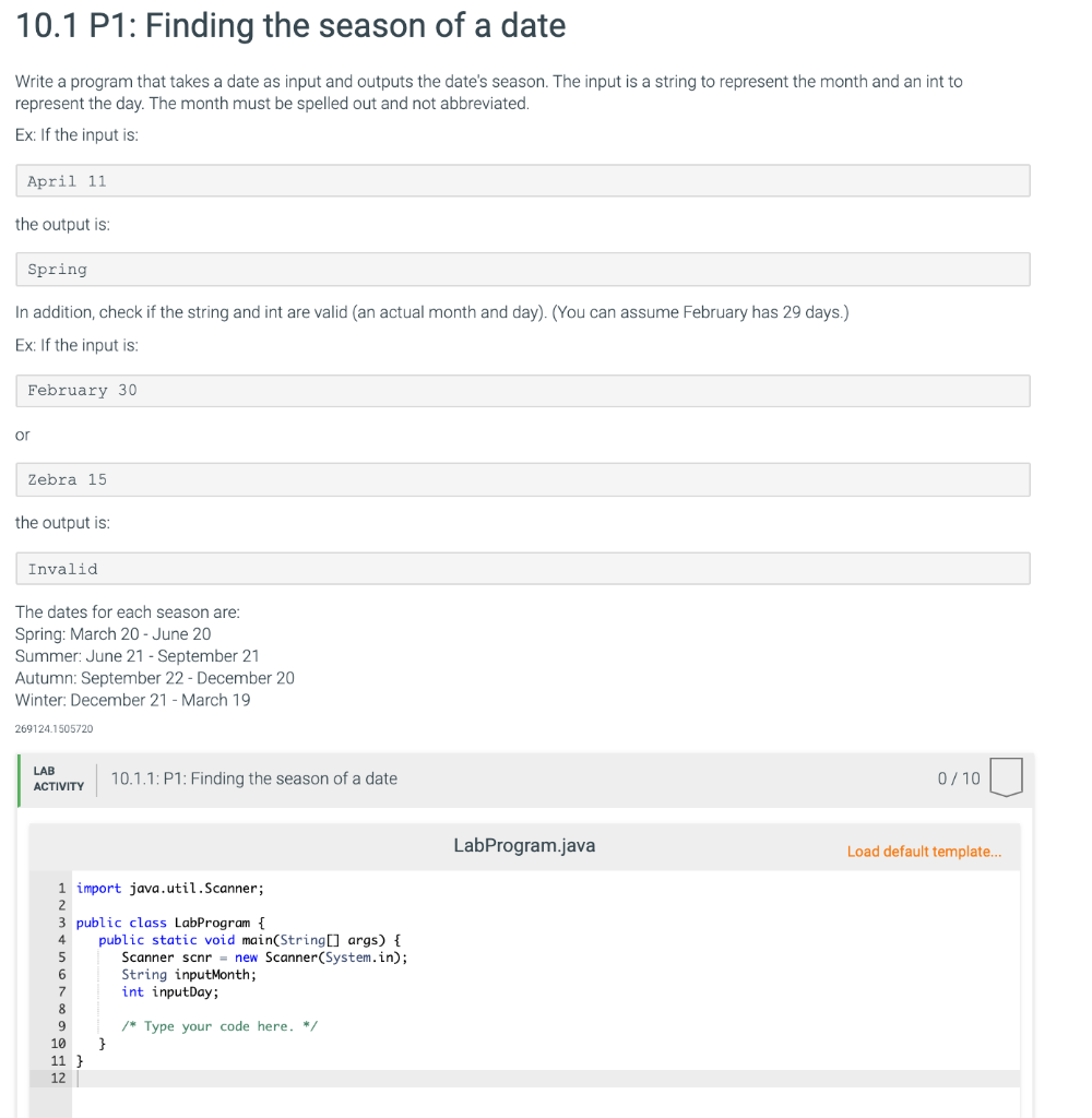 Solved 10.1 P1: Finding the season of a date Write a program | Chegg.com