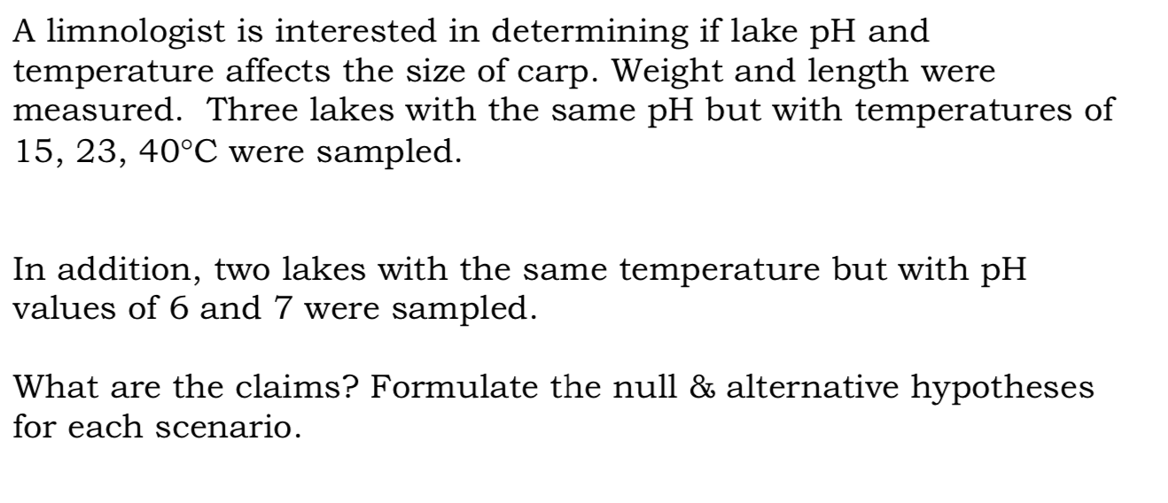 Solved A limnologist is interested in determining if lake pH | Chegg.com
