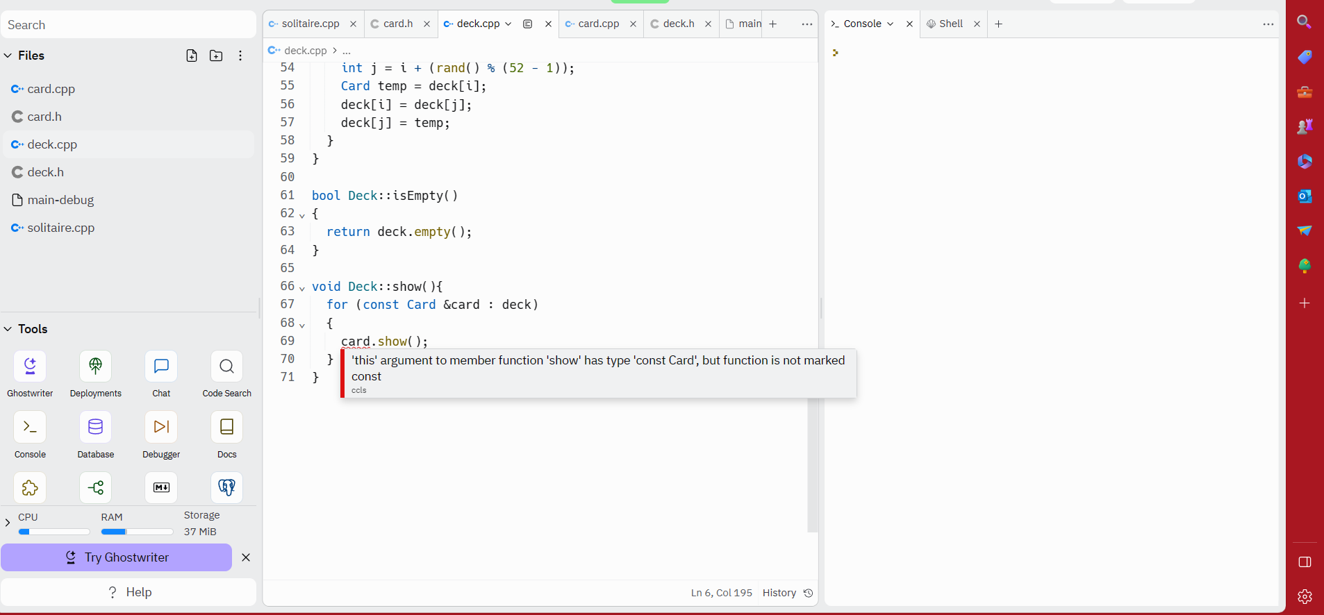Solved C+ deck.cpp > ... 54 int j=i+(rand() \% (52−1)); Card | Chegg.com