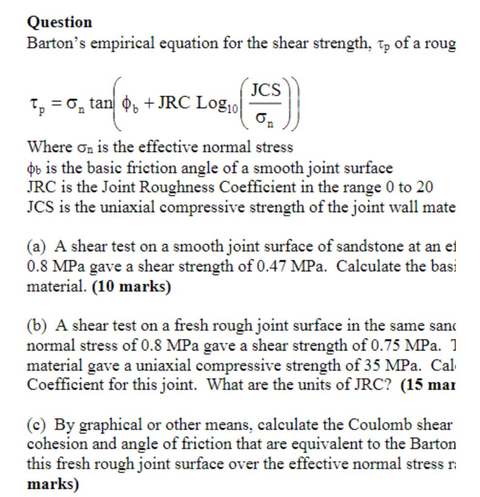 Question Barton's empirical equation for the shear | Chegg.com
