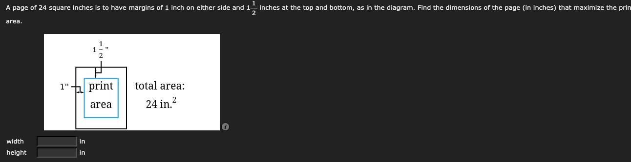 Solved A page of 24 square inches is to have margins of 1 | Chegg.com
