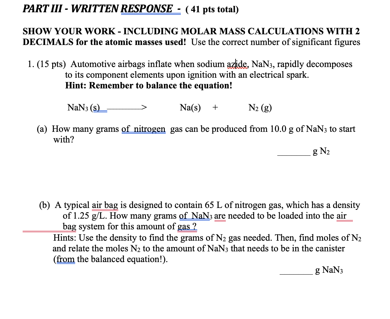 Solved SHOW YOUR WORK - INCLUDING MOLAR MASS CALCULATIONS | Chegg.com