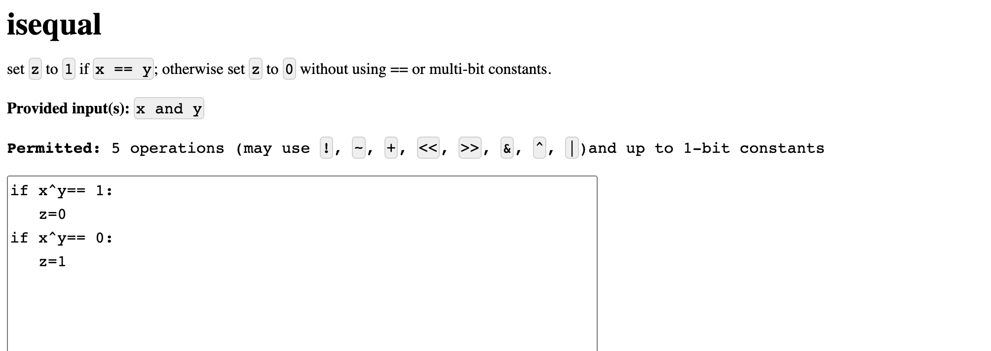 Solved set z to 1 if ; otherwise set to 0 without using == | Chegg.com