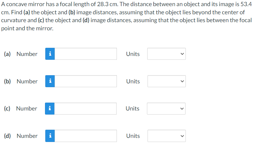 Solved A concave mirror has a focal length of 28.3cm. ﻿The | Chegg.com
