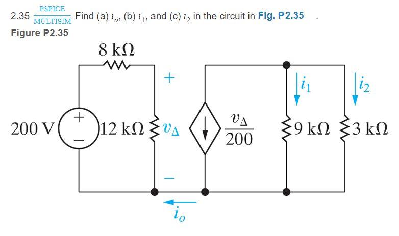 Solved 2.35 MULTISIM PSPICE Find (a) i0, (b) i1, and (c) | Chegg.com