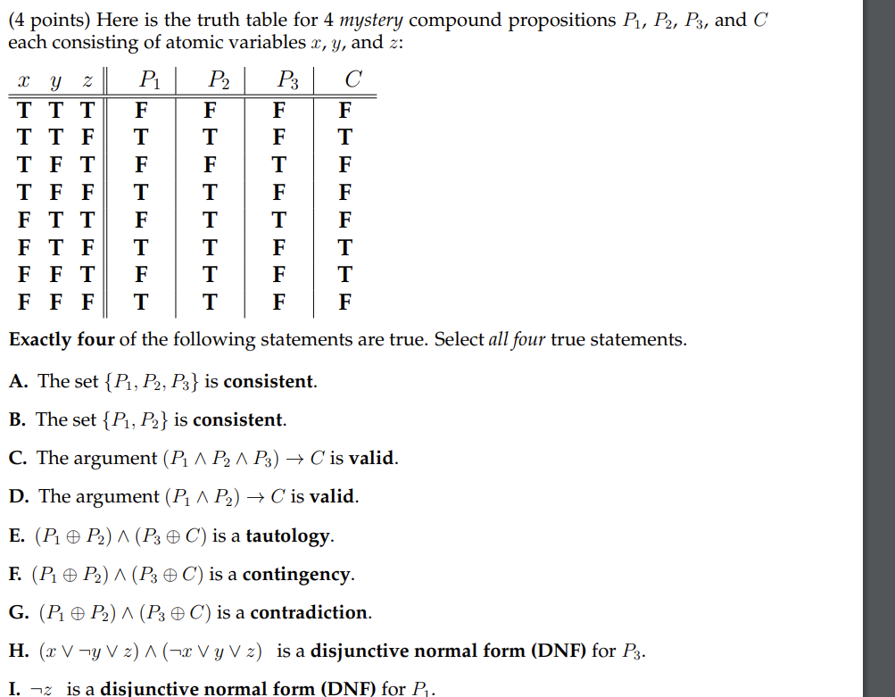 Solved 2 (4 points) Here is the truth table for 4 mystery | Chegg.com
