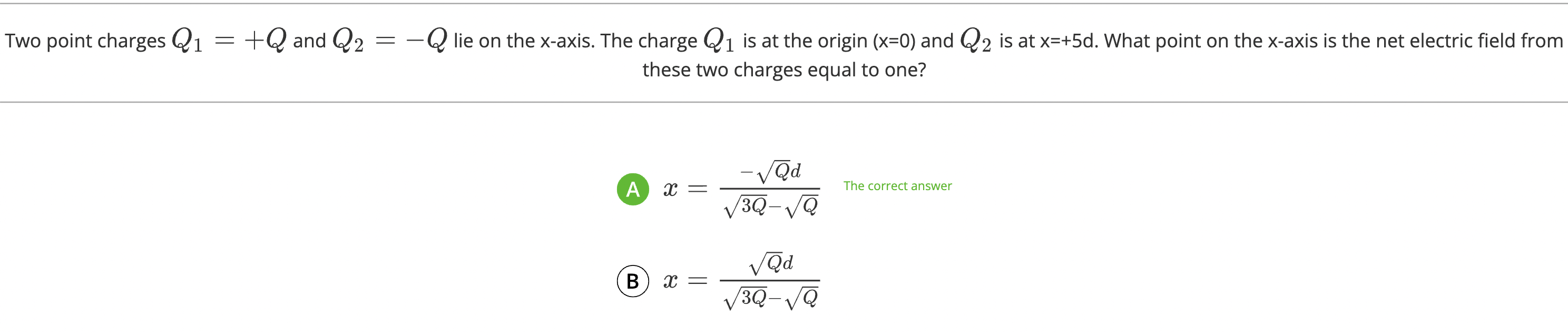 Iwo point charges Q1=+Q and Q2=−Q lie on the x-axis. | Chegg.com