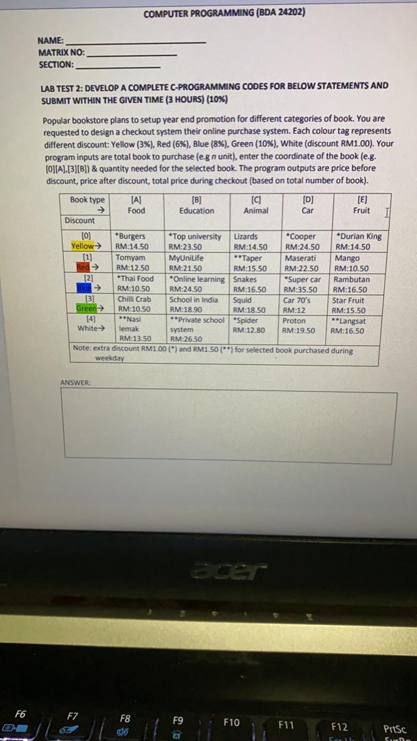 Solved COMPUTER PROGRAMMING (BDA 24202) NAME: MATRIX NO: | Chegg.com