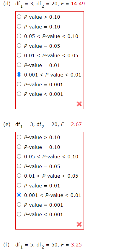 Solved (d) df1=3,df2=20,F=14.49 \begin{tabular}{l} P-value | Chegg.com