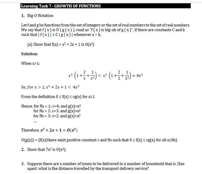 Solved Learning Task 7-GROWTH OF FUNCTIONS 1. Big-o Notation | Chegg.com
