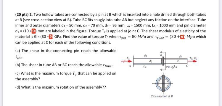 Solved (20 pts) 2. Two hollow tubes are connected by a pin | Chegg.com