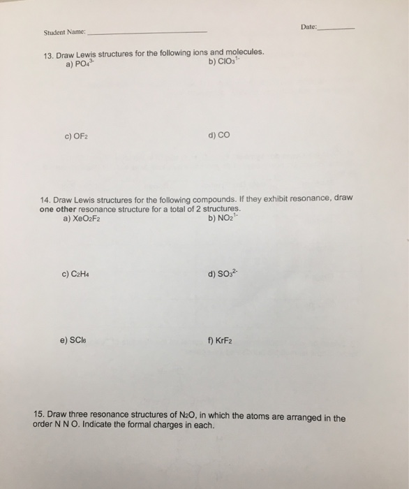 Solved Student Name Date: Lewis Structures Worksheet General | Chegg.com