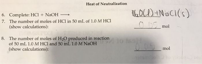 Solved Heat of Neutralization 6. Complete: HCl + NaOH 7. The | Chegg.com