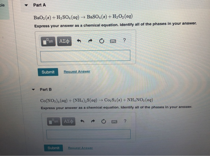 Solved ple Part A BaO2 (s)+H2SO4(aq) BaSO4(s)+H2O2(ag) | Chegg.com