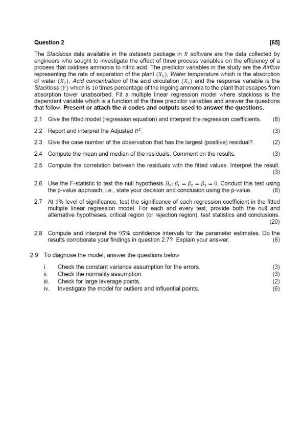 Question 2 [65] The Stackloss data available in the | Chegg.com