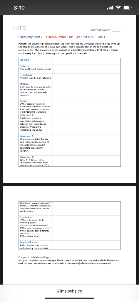 Chemistry, Part 2 - FORMAL WRITE UP - Lab Unit ONE - | Chegg.com