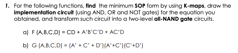 Solved 1. For the following functions, find the minimum SOP | Chegg.com