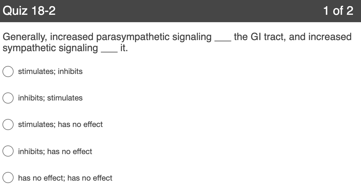 Solved Quiz 18-2 1 of 2 Generally, increased parasympathetic | Chegg.com