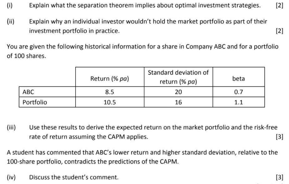 Solved (i) Explain what the separation theorem implies about | Chegg.com