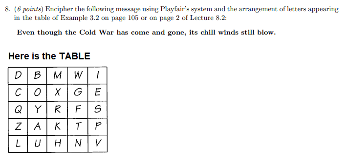 Solved 8. (6 points) Encipher the following message using | Chegg.com