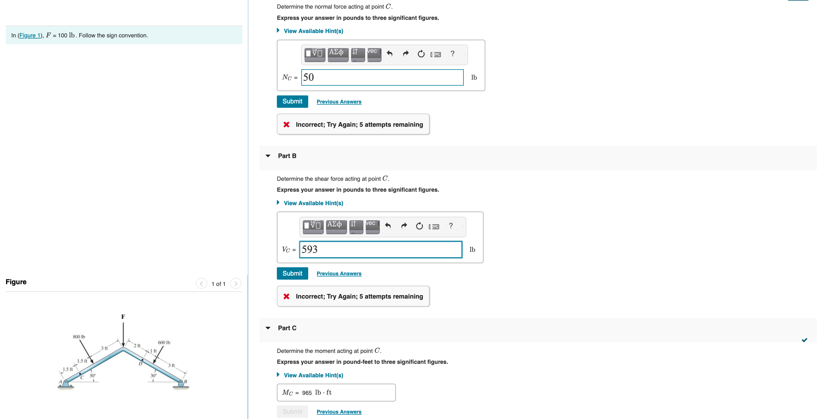 Solved Determine the normal force acting at point C. Express | Chegg.com