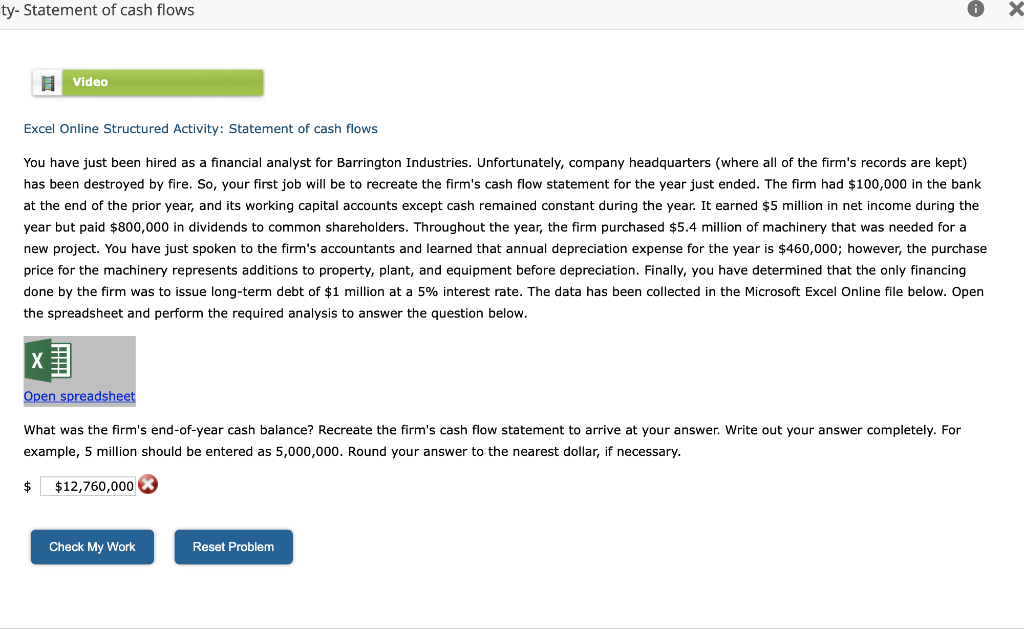 Solved Excel Online Structured Activity: Statement of cash | Chegg.com