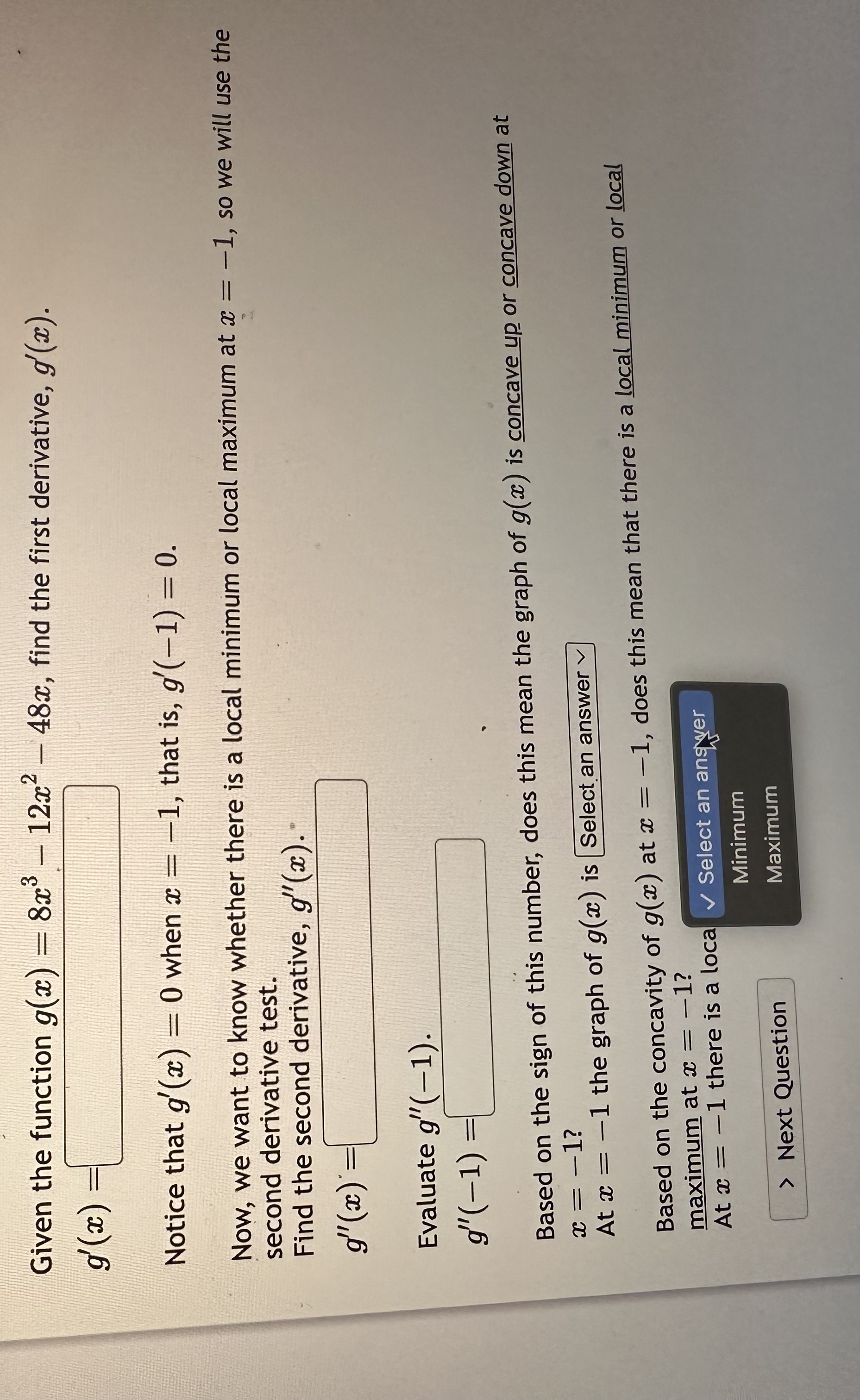 Solved Given the function g(x)=8x3−12x2−48x, find the first | Chegg.com