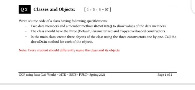 Solved Q2 Classes and Objects: [1 + 3 + 3 = 07] Write source | Chegg.com