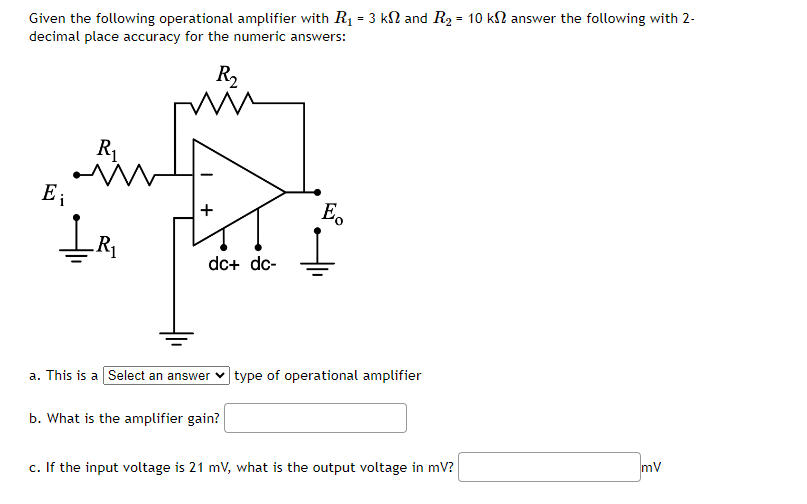 Solved Given the following operational amplifier with R1=3kΩ | Chegg.com
