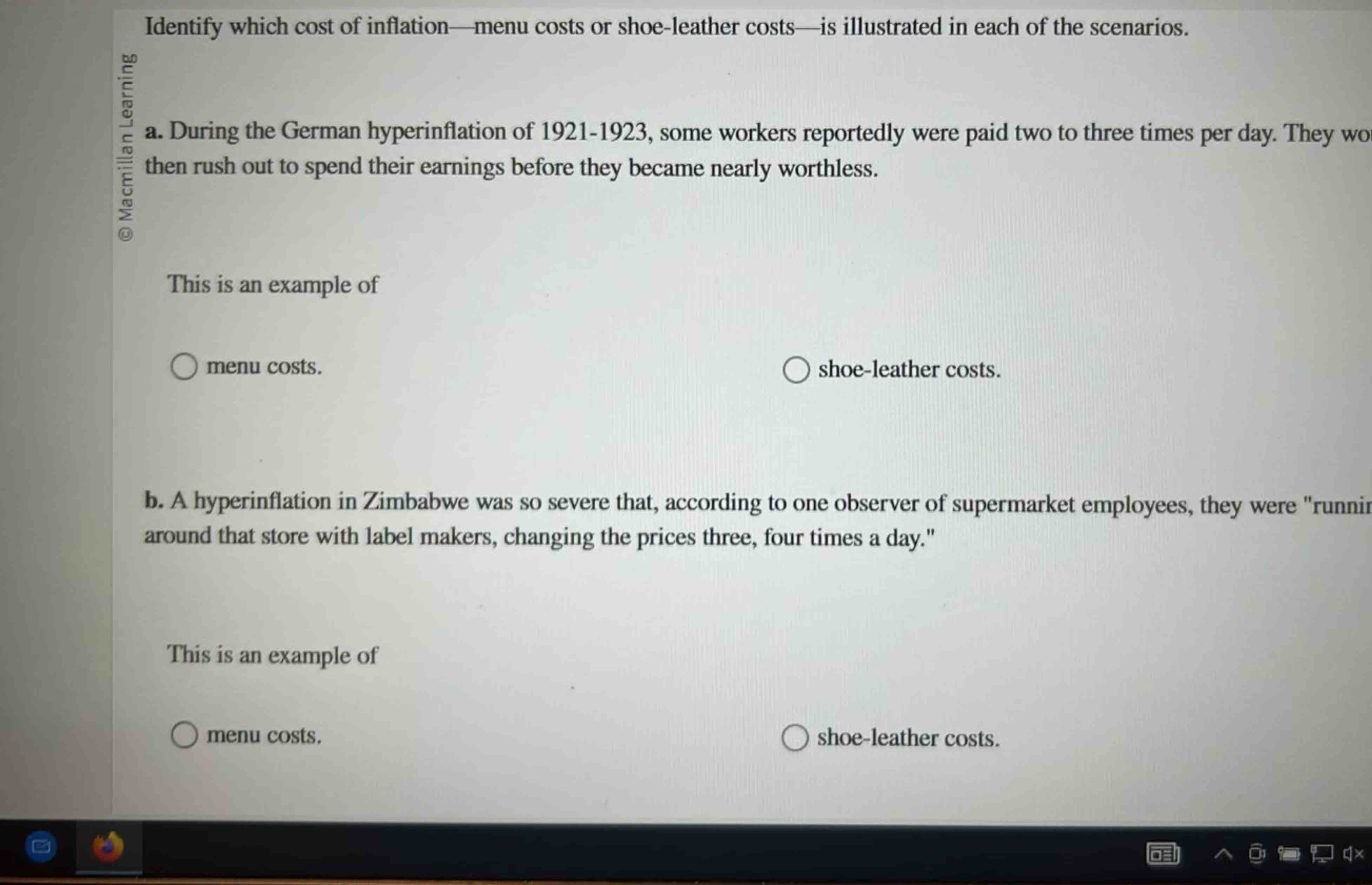 Identify which cost of inflation-menu costs or | Chegg.com