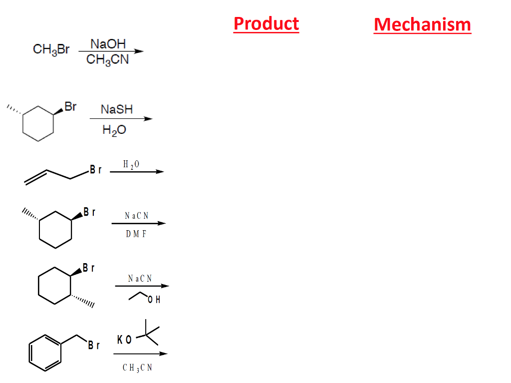 Solved Product Mechanism CH3Br NaOH CH3CN Br NaSH HO 2 H,0 N | Chegg.com
