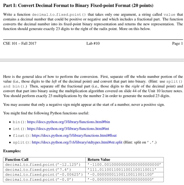 Solved Part I: Convert Decimal Format to Binary Fixed-point | Chegg.com