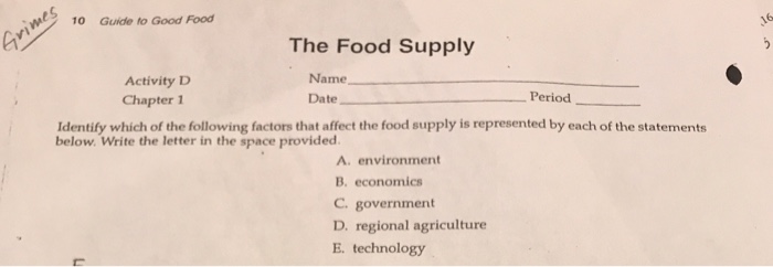 Solved 10 Quide to Good Food The Food Supply Name Activity D | Chegg.com
